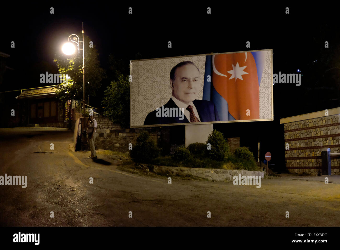 A poster featuring the former president Heydar Aliyev ( father of Ilham ...