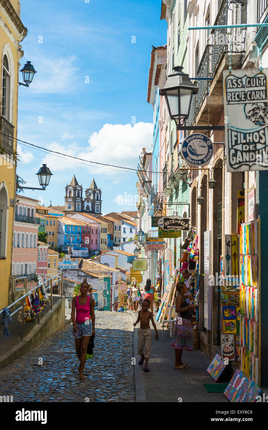 SALVADOR, BRAZIL - MARCH 12, 2015: Narrow cobblestone street in ...