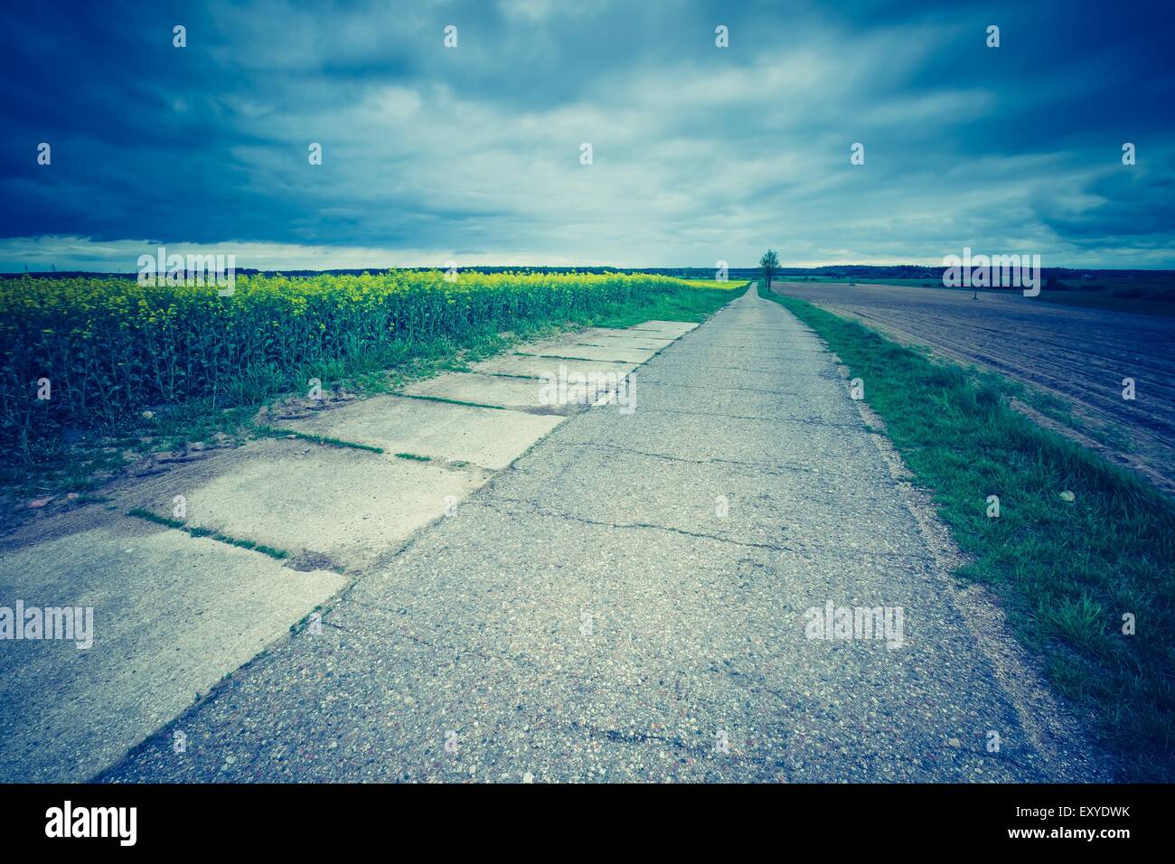 Vintage photo of rural asphalt road near fields in springtime. Calm ...