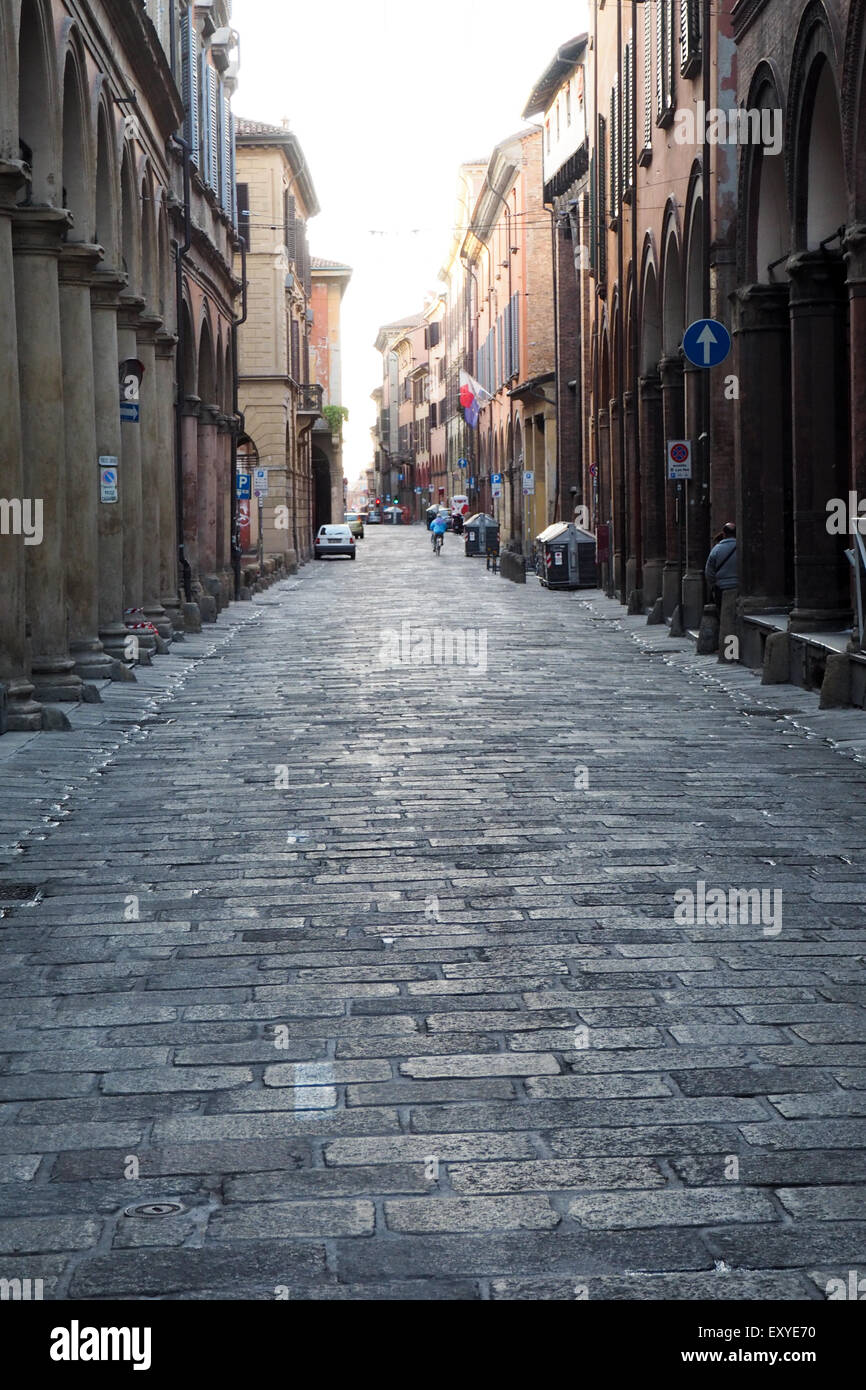 Ancient Roman road, Via Emilia, passing through the centre of Bologna ...