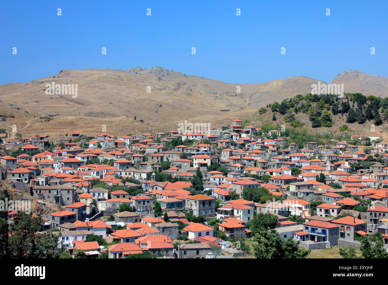 View of Northern Kontias village picturesque settlement. Lemnos or ...
