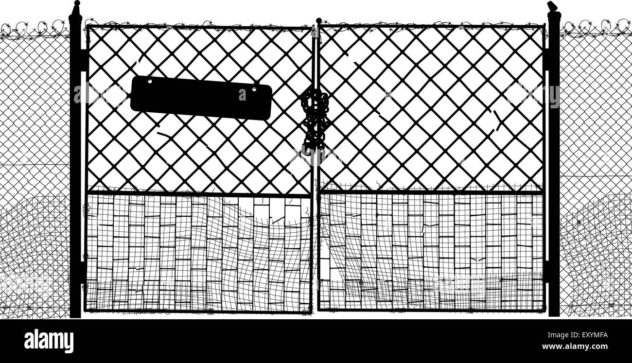 EPS8 editable vector silhouette of an old security gate with sign, lock ...