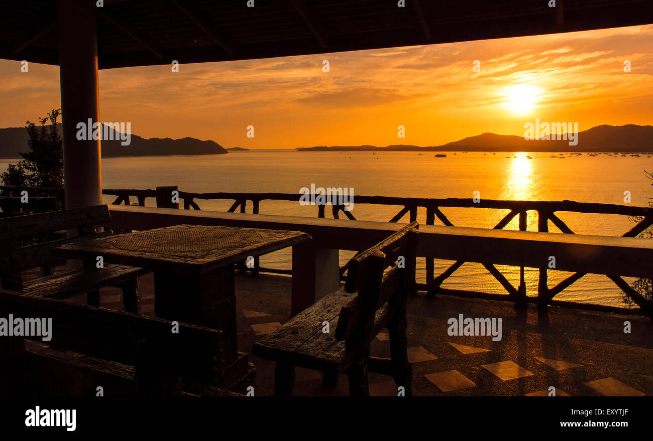 Colorful of sunset with old wood table and beautiful of nature Stock ...