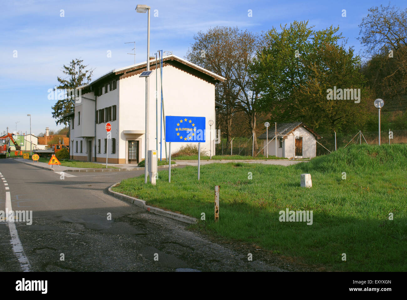 The blue European Union / Schengen format border sign at the Hungarian ...