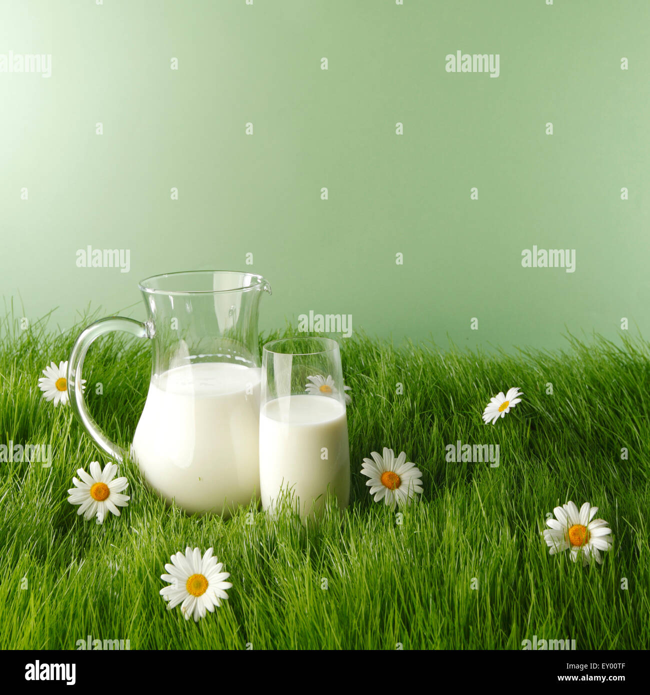 Milk in jar and glass on flower meadow Stock Photo - Alamy