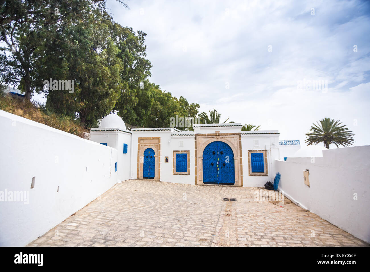 Sidi Bou Said - typical building with white walls, blue doors and ...