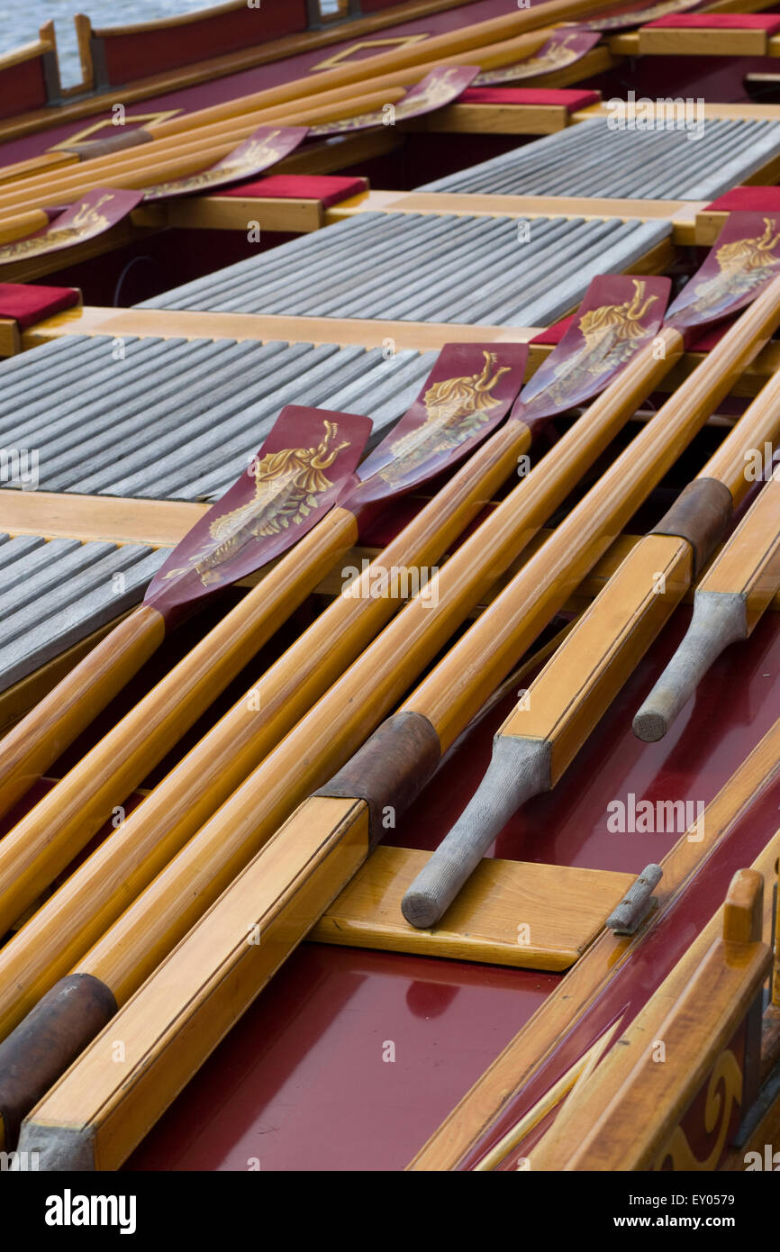 Oars on the Gloriana the British royal barge, commissioned as a tribute ...