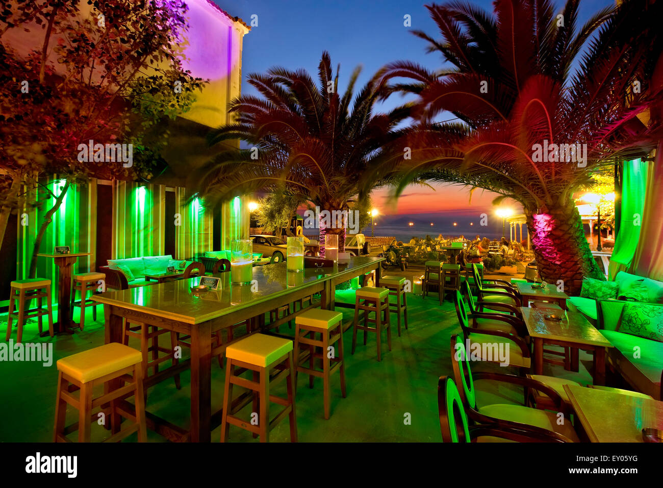 Myrina city nightlife. Interior of a night street caffe bar in Romeikos ...