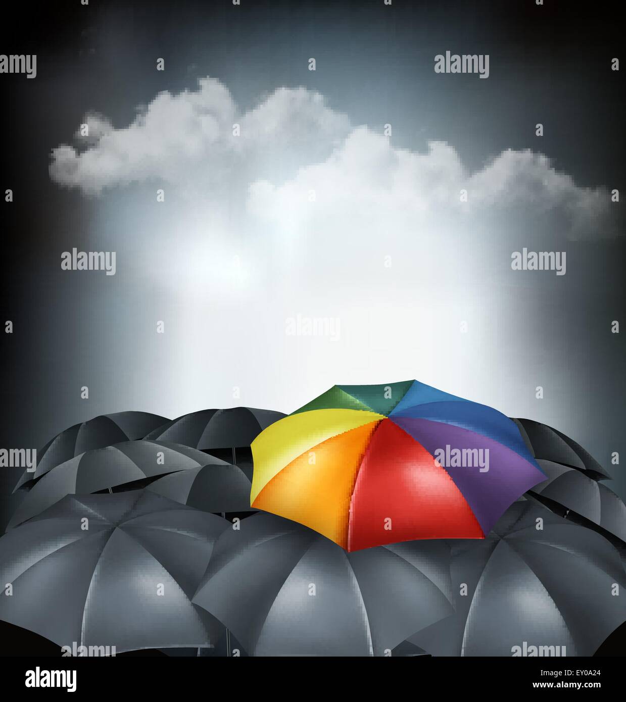 A rainbow umbrella amongst grey ones. Uniqueness concept. Vector Stock ...