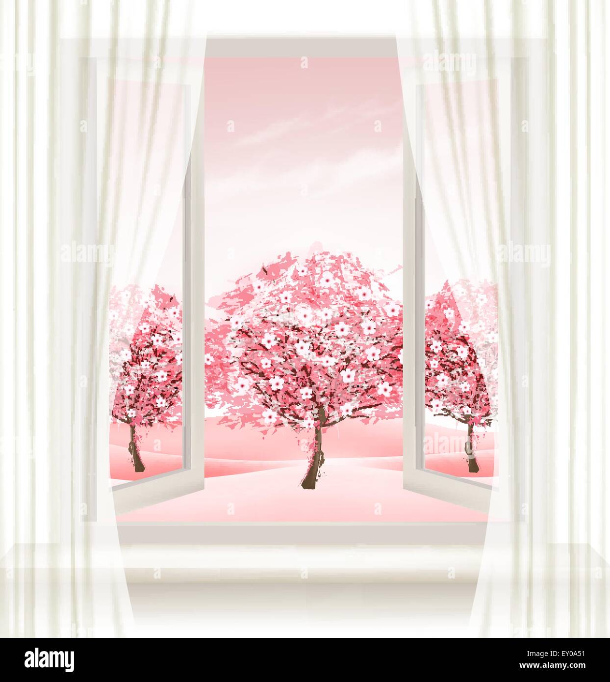 Spring background with an open window and blossoming pink sakura ...