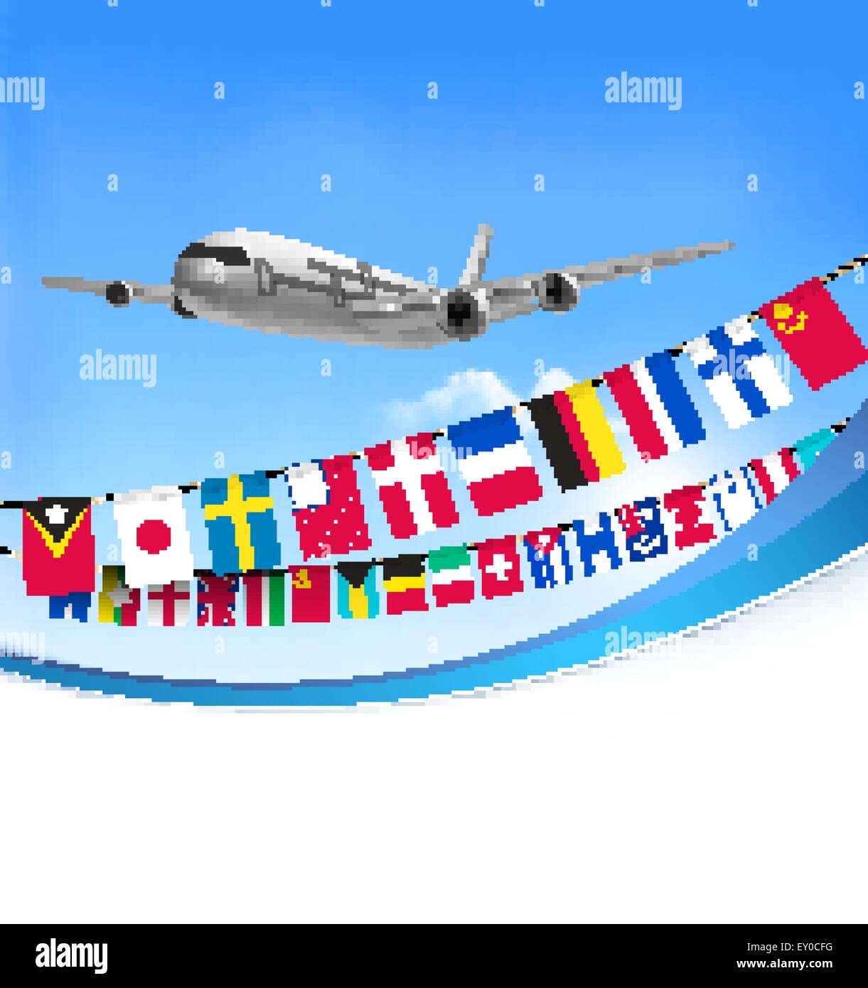 Airplane travel background with flags of different countries Stock ...