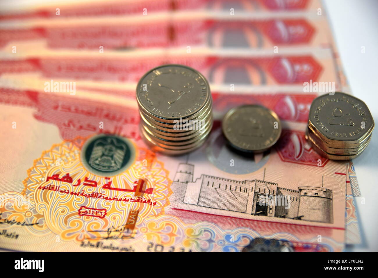 Close up of Various currency notes and coins from United Arab Emirates ...