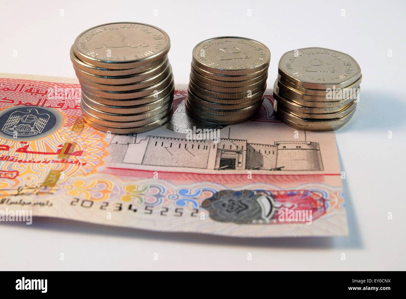 Close up of Various currency notes and coins from United Arab Emirates ...