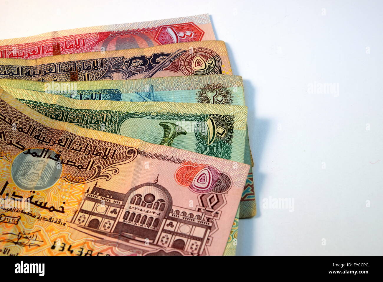 Close up of Various currency notes and coins from United Arab Emirates ...