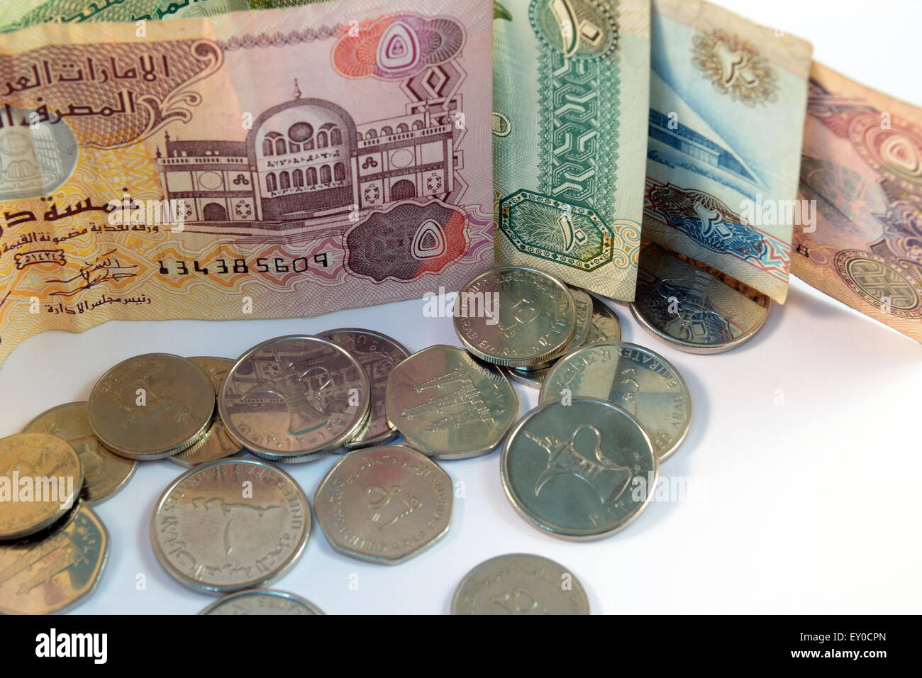 Close up of Various currency notes and coins from United Arab Emirates ...