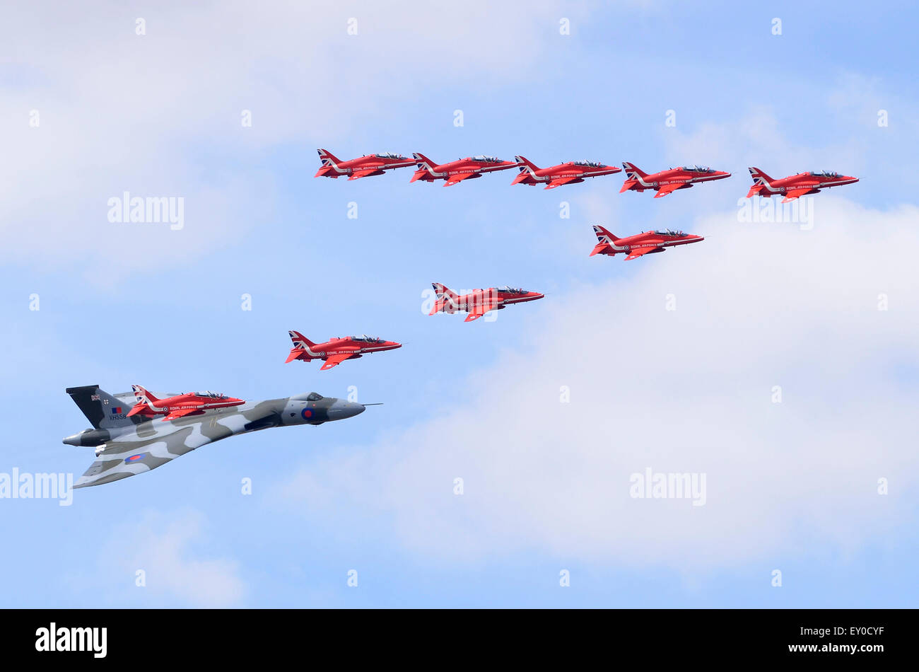 Red Arrows RAF BAe Hawk aircraft and Avro Vulcan B2 bomber XH558 displaying at RIAT 2015 ...