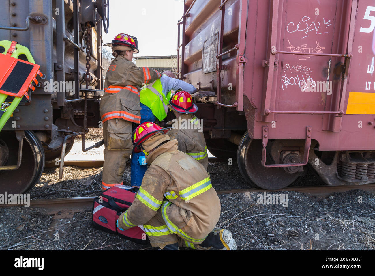 Emergency Personnel railroad training exercise Stock Photo - Alamy