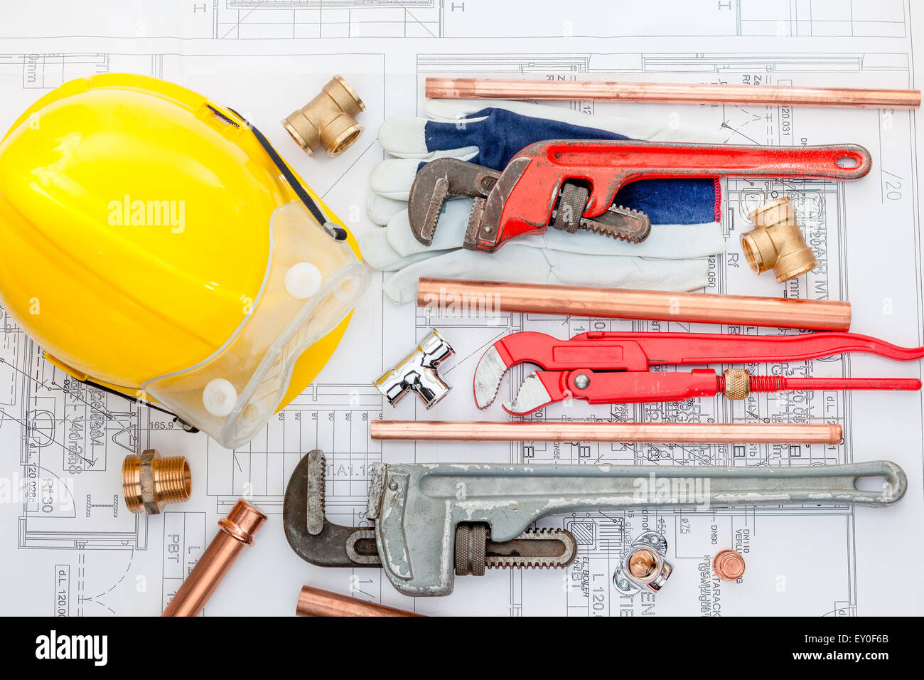 Plumbing Tools Arranged On House Plans whit wrench Stock Photo - Alamy
