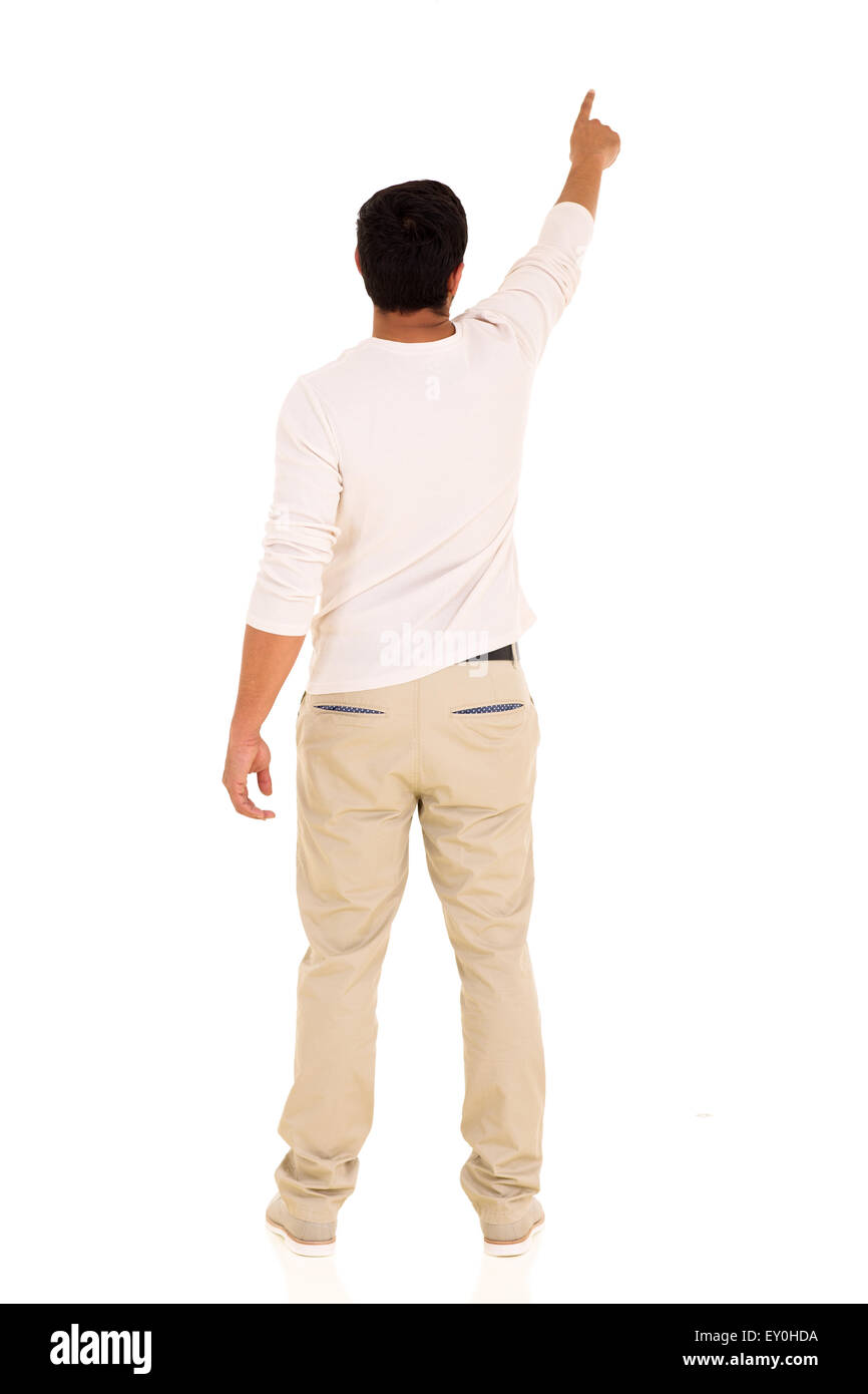 back view of man pointing at empty copy space isolated on white Stock ...