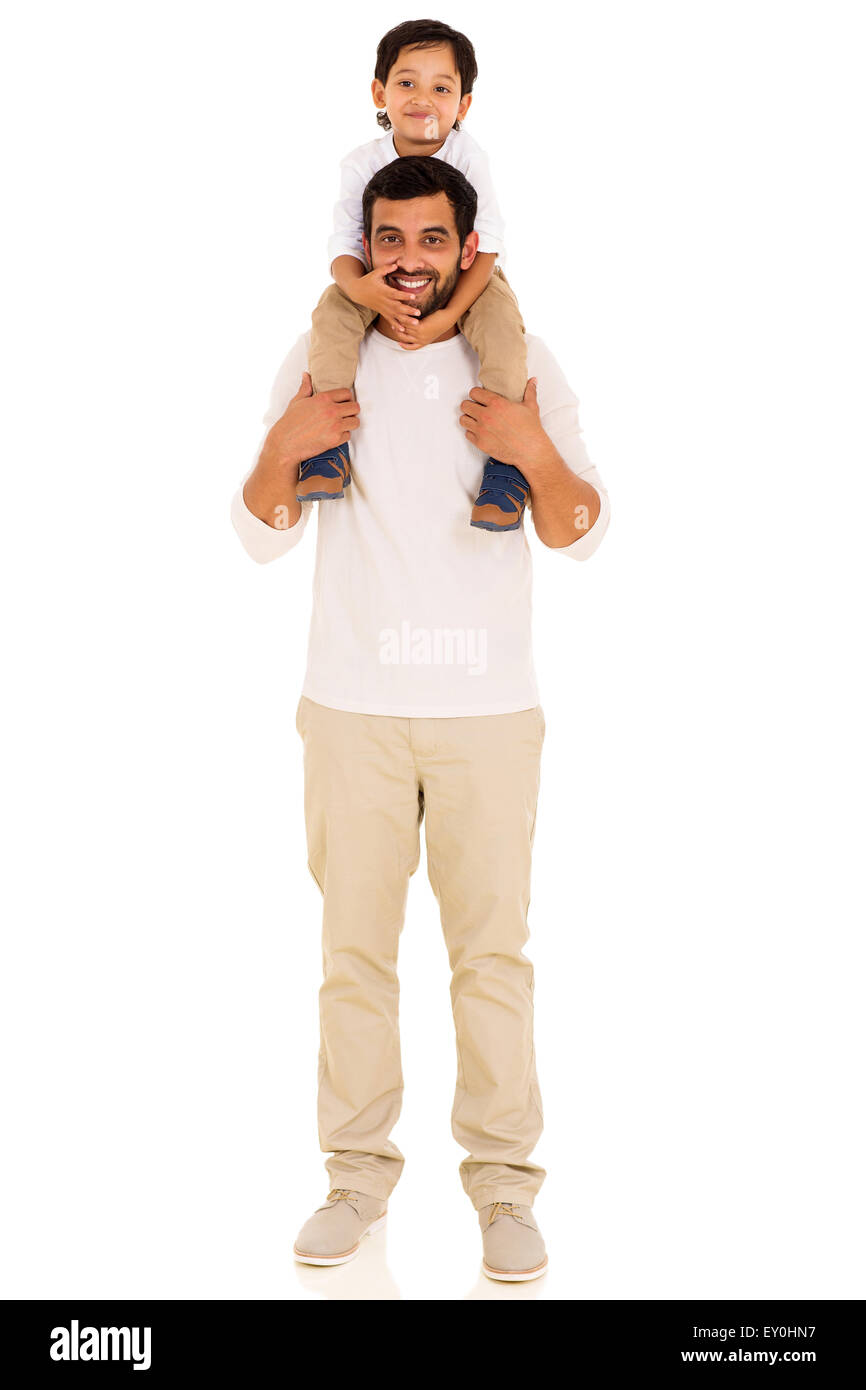 happy Indian father carrying son on his shoulders isolated on white ...