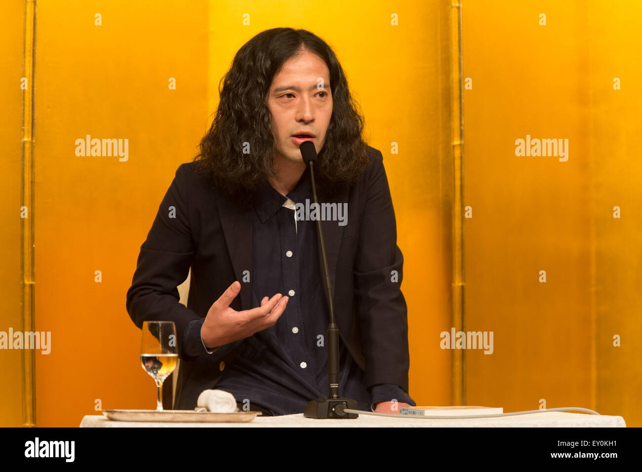 The 153rd Akutagawa Prize winner, Naoki Matayoshi attends the press ...