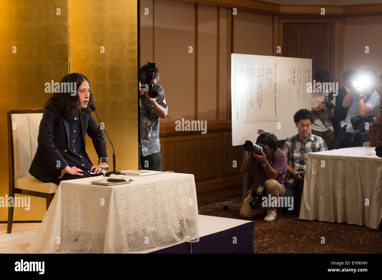 The 153rd Akutagawa Prize winner, Naoki Matayoshi attends the press ...