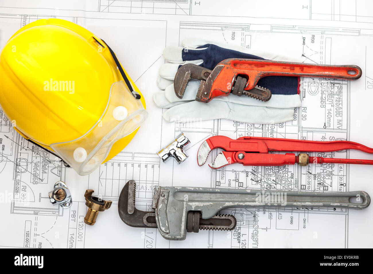Plumbing Tools Arranged On House Plans whit wrench Stock Photo - Alamy