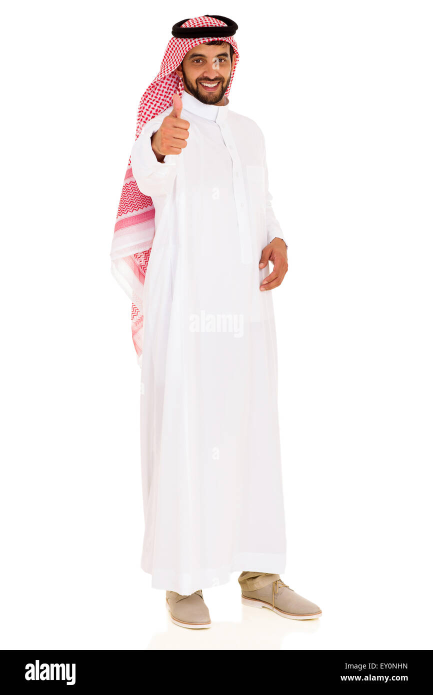 happy young Muslim man giving thumb up on white background Stock Photo ...