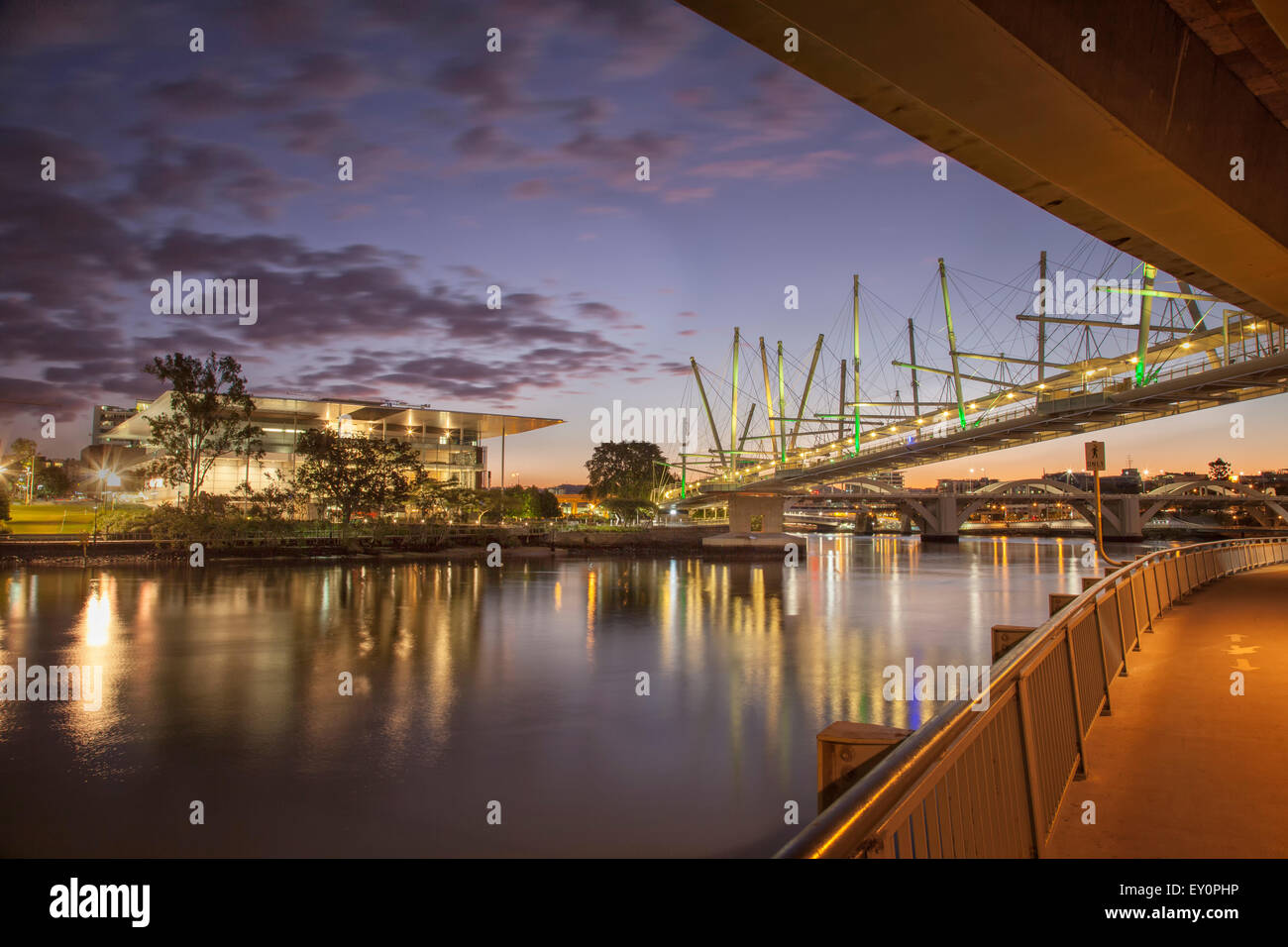 A view of the Queensland State Library and Kurilpa Bridge spanning the ...
