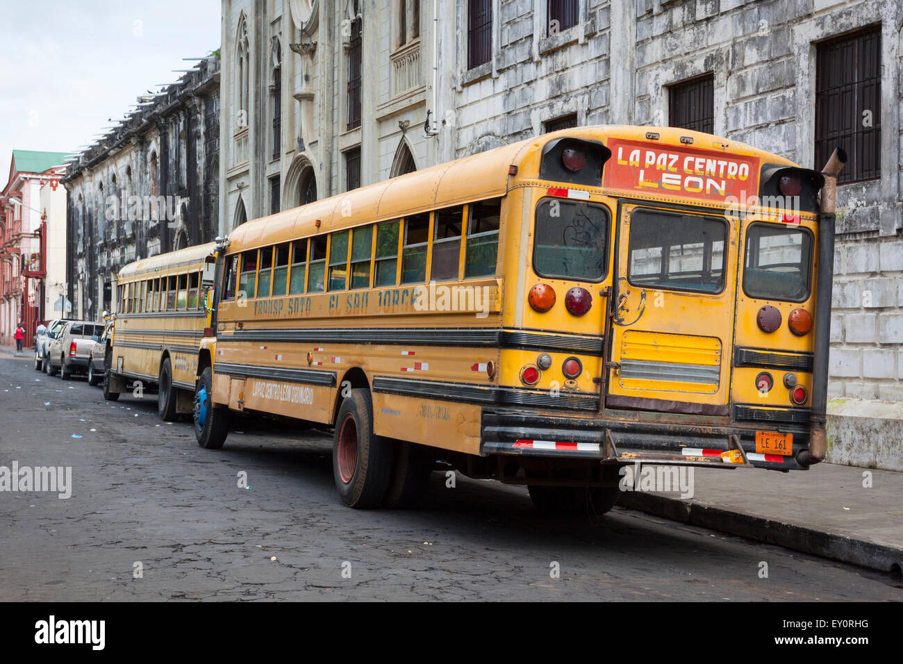 Yellow bus parked on the streets of León, Nicaragua Stock Photo - Alamy