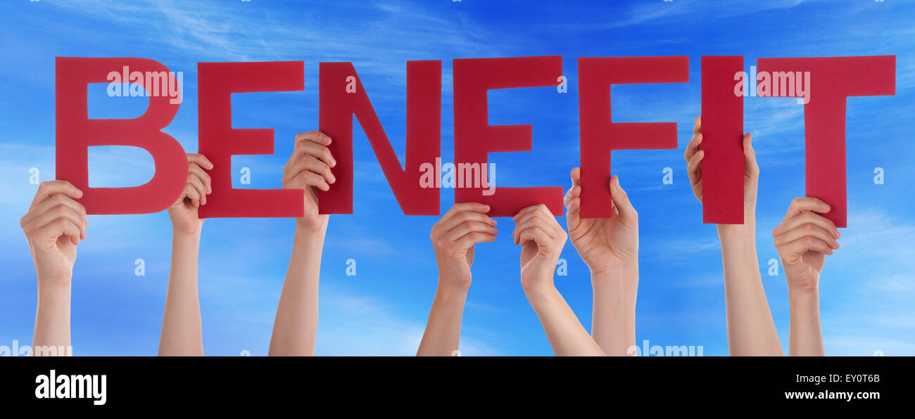 Many People Hands Holding Red Straight Word Benefit Blue Sky Stock ...