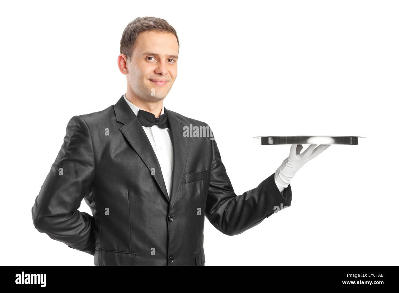 Happy waiter holding a tray isolated on white background Stock Photo ...