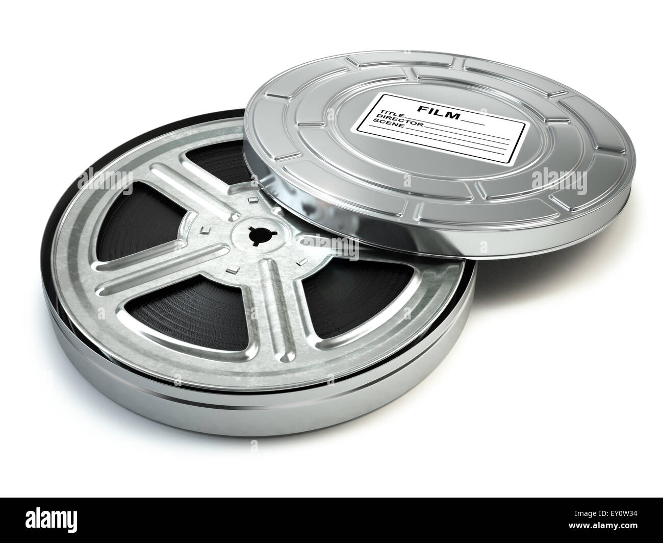 Film reel and box. Video, movie, cinema vintage concept. 3d Stock Photo ...