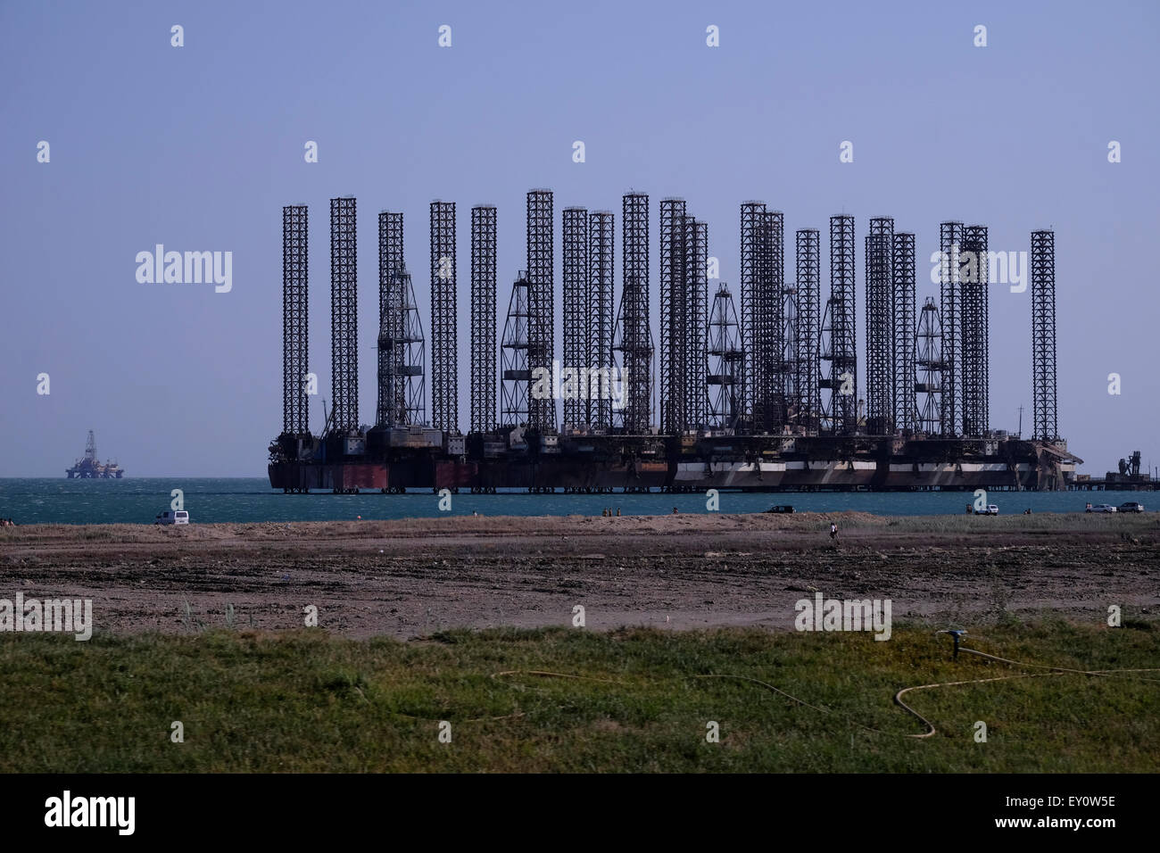 Soviet Oil rig platform on the shore of the Caspian Sea in the city of ...