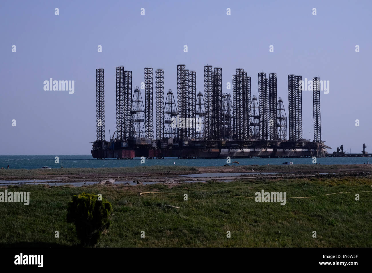 Soviet Oil rig platform on the shore of the Caspian Sea in the city of ...