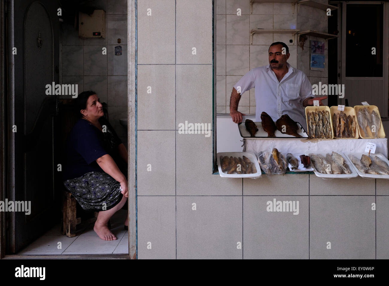 A fishmonger stall in Taza Bazaar market in the city of Baku in ...