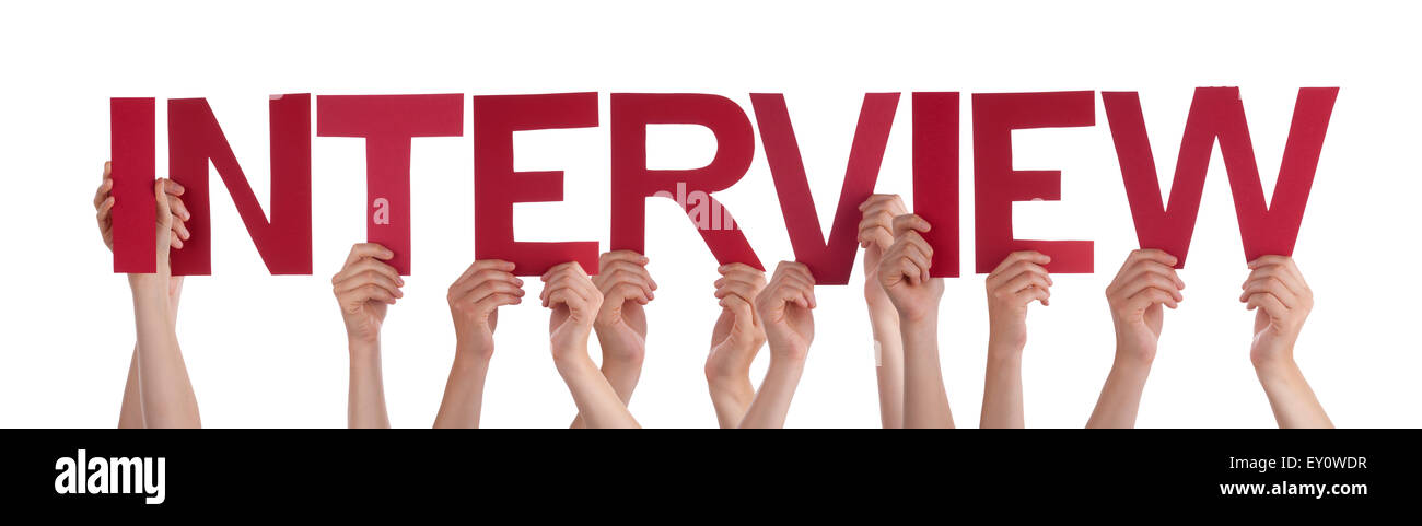 Many People Hands Holding Red Straight Word Interview Stock Photo - Alamy