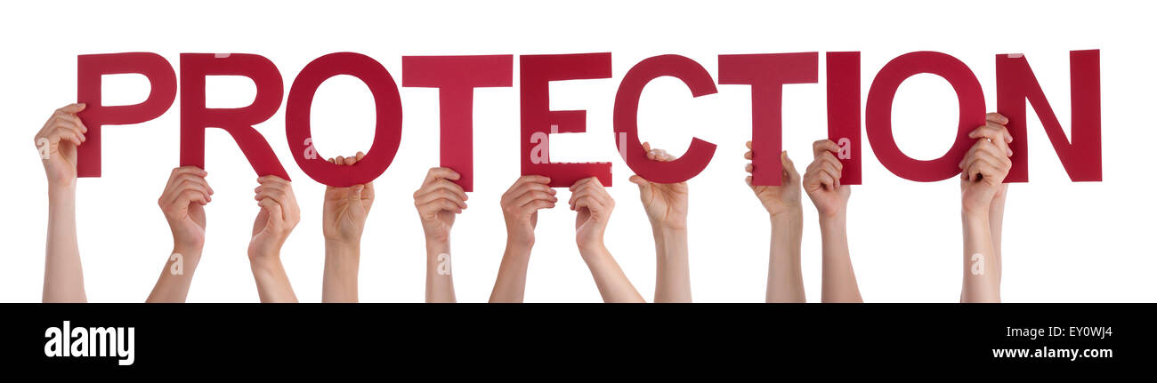 Many People Hands Holding Red Straight Word Protection Stock Photo - Alamy