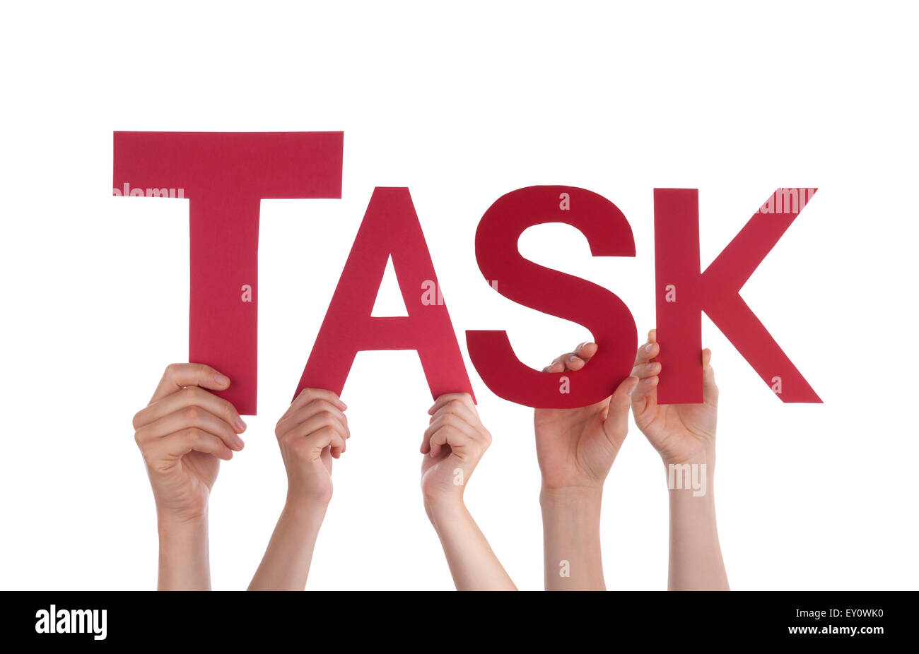 Many People Hands Holding Red Straight Word Task Stock Photo - Alamy