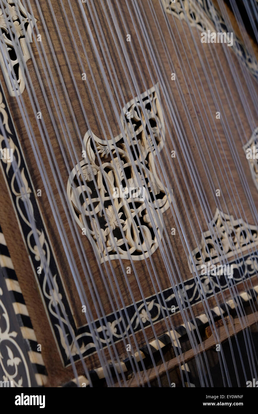 Detail of an Azarbaijani musical string instrument Kanun Qanun or Ganun ...