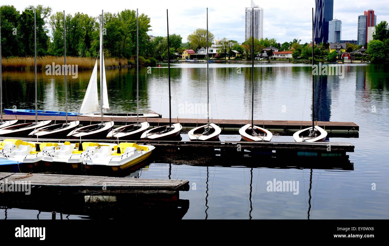 Boats and pier in danube river vienna hi-res stock photography and ...