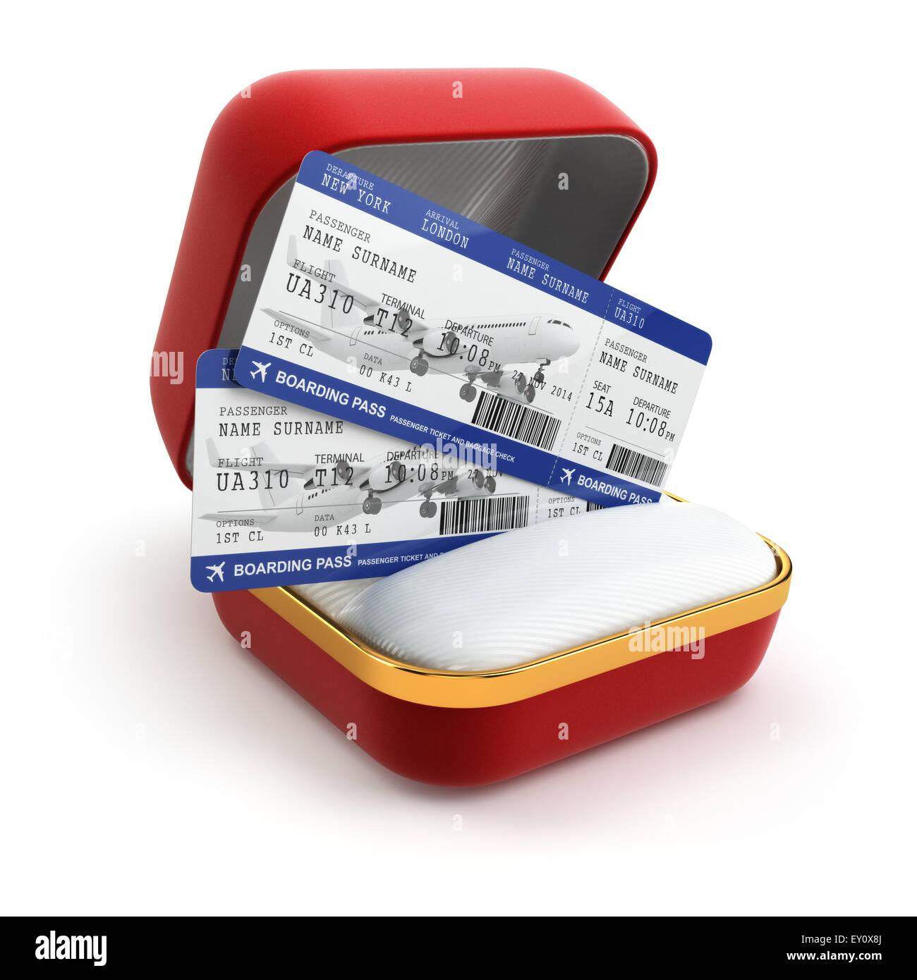 Boarding pass air tocket in gift box isolated on white. 3d Stock Photo ...