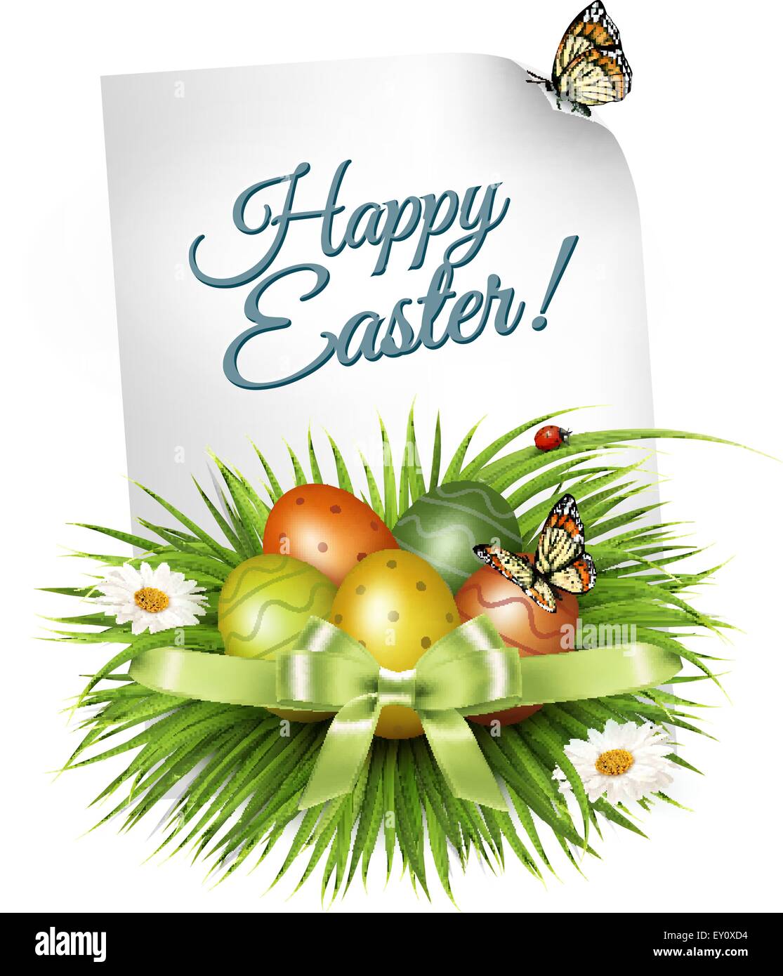 Spring Easter background. Easter eggs in grass with flowers. Vector ...