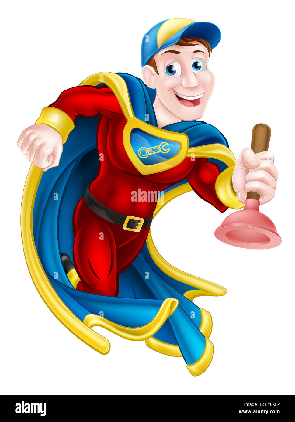 Illustration of a janitor or plumber superhero mascot holding a plunger ...