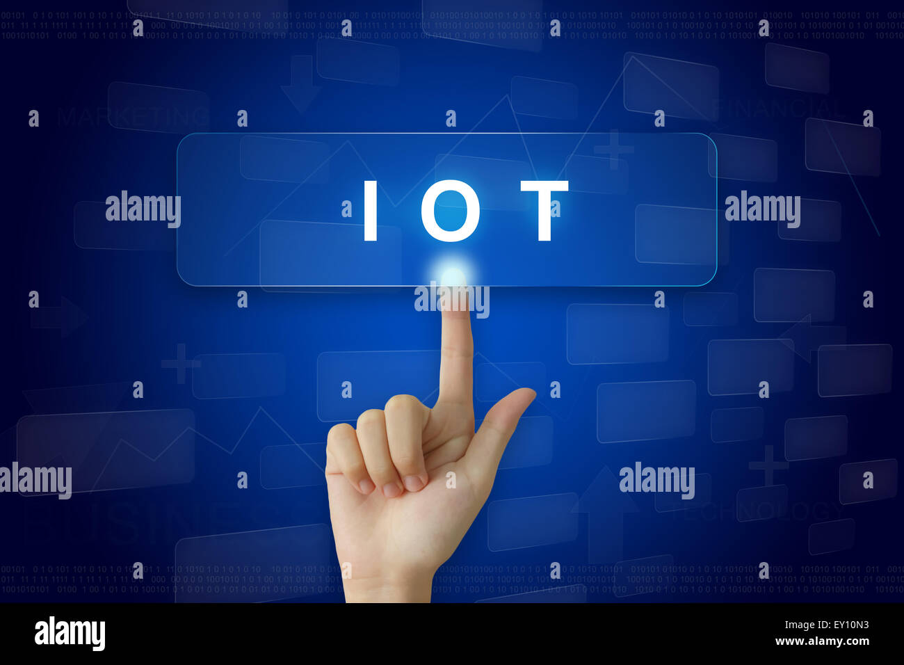 hand press on IOT or internet of things button on virtual screen Stock ...
