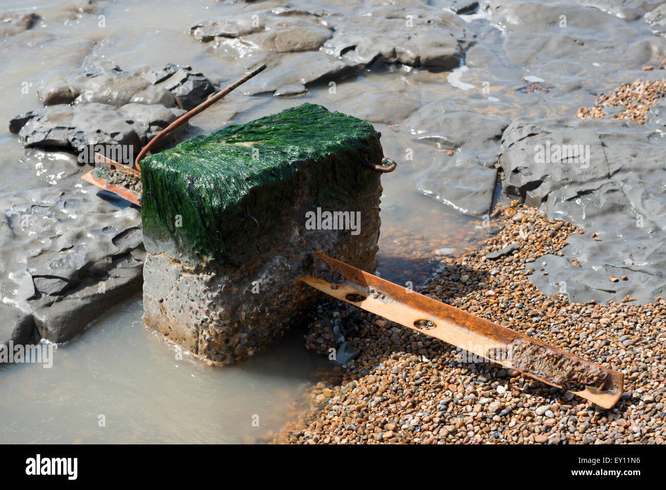 WW2 anti-invastion fencing post and block, North sea coast, Bawdsey ...
