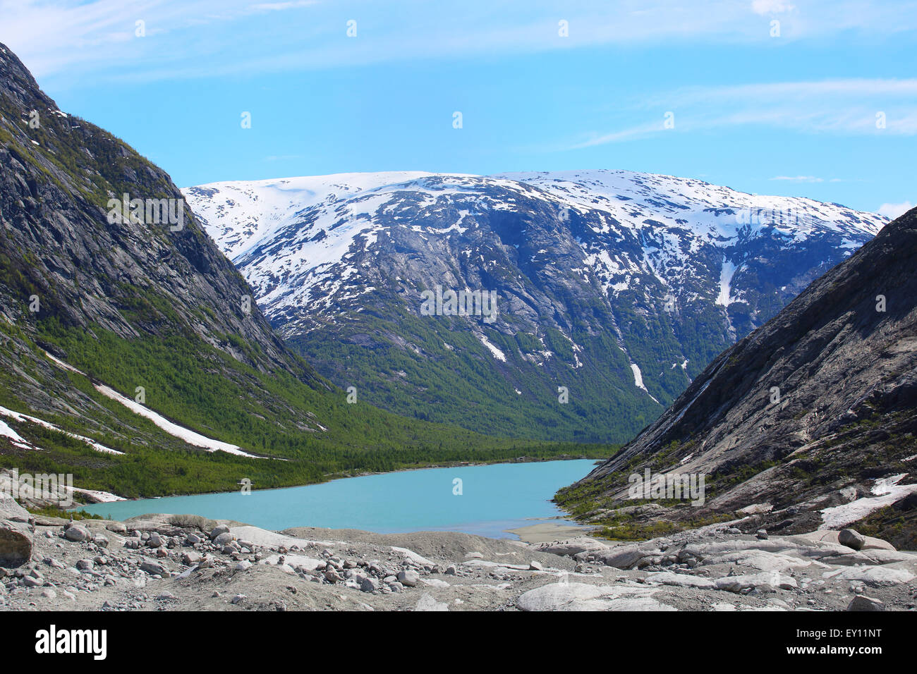 Mountain landscape with glacial river in Jostedalsbreen National Park ...