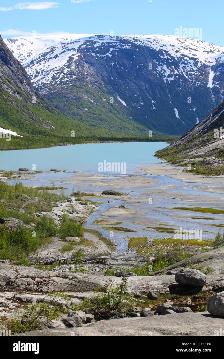 Mountain landscape with glacial river in Jostedalsbreen National Park ...