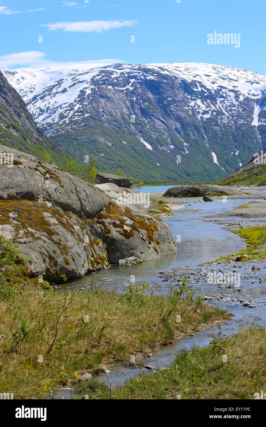 Mountain landscape with glacial river in Jostedalsbreen National Park ...