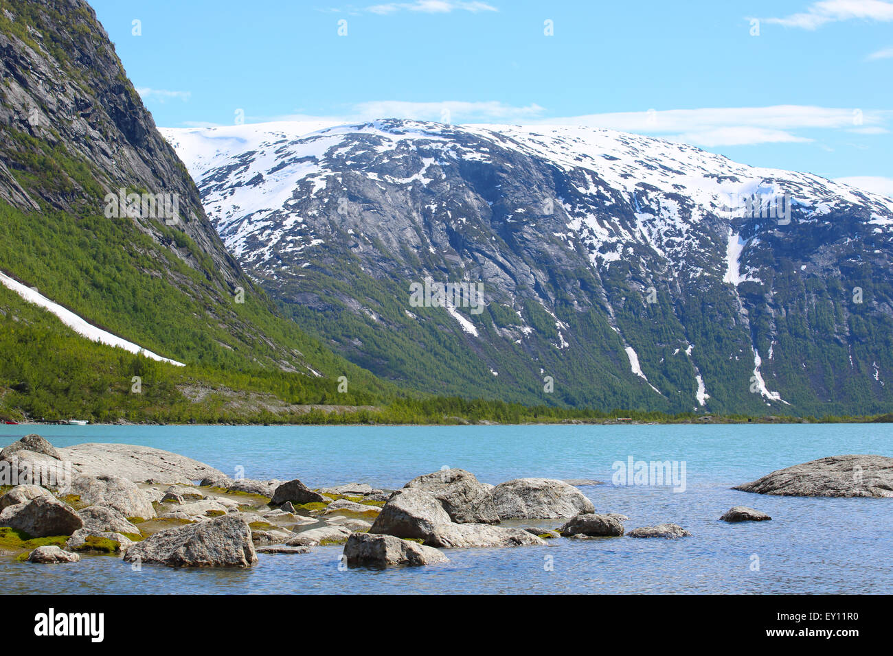 Mountain landscape with glacial river in Jostedalsbreen National Park ...